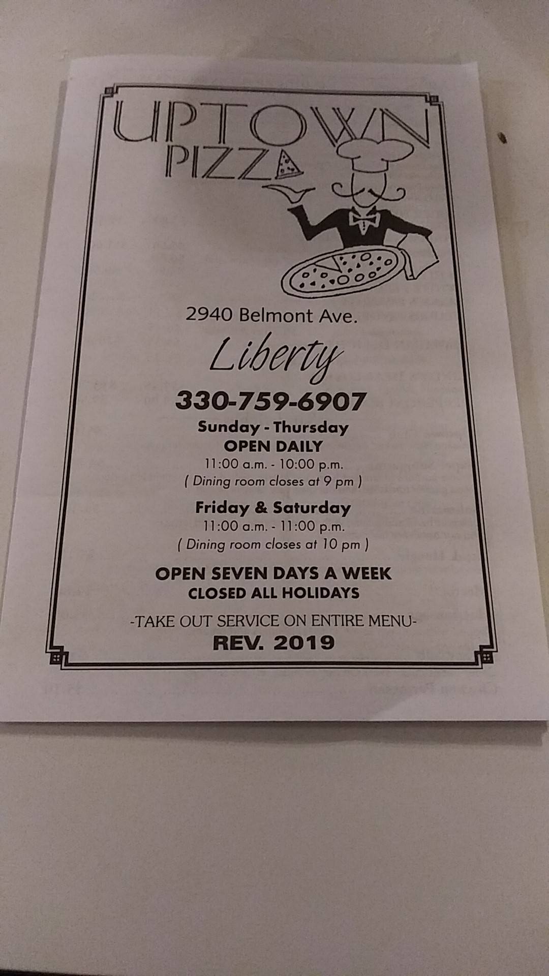 Menu at Uptown Pizza (Liberty) pizzeria, Youngstown, Belmont Ave