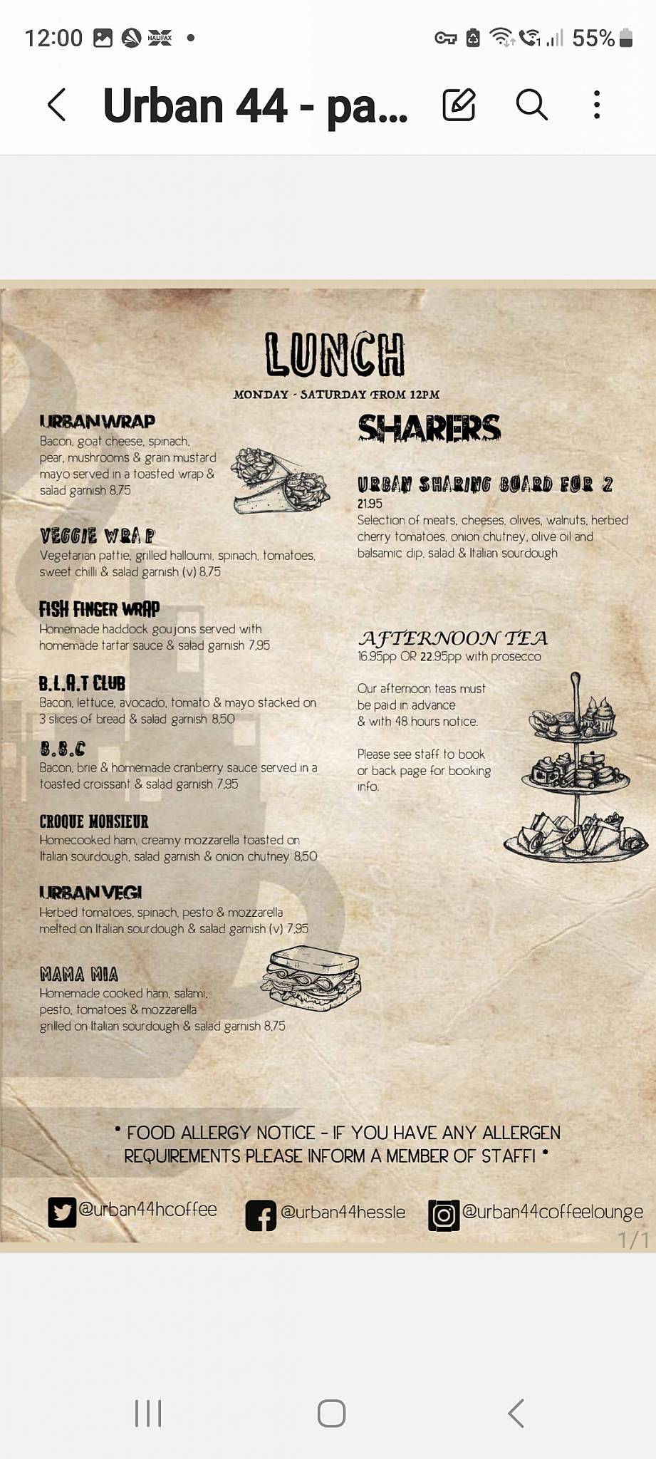 Menu at Urban 44 coffee lounge cafe, Hessle