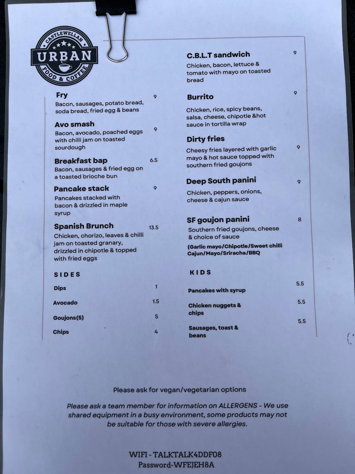 Menu at Urban Food & Coffee cafe, Castlewellan