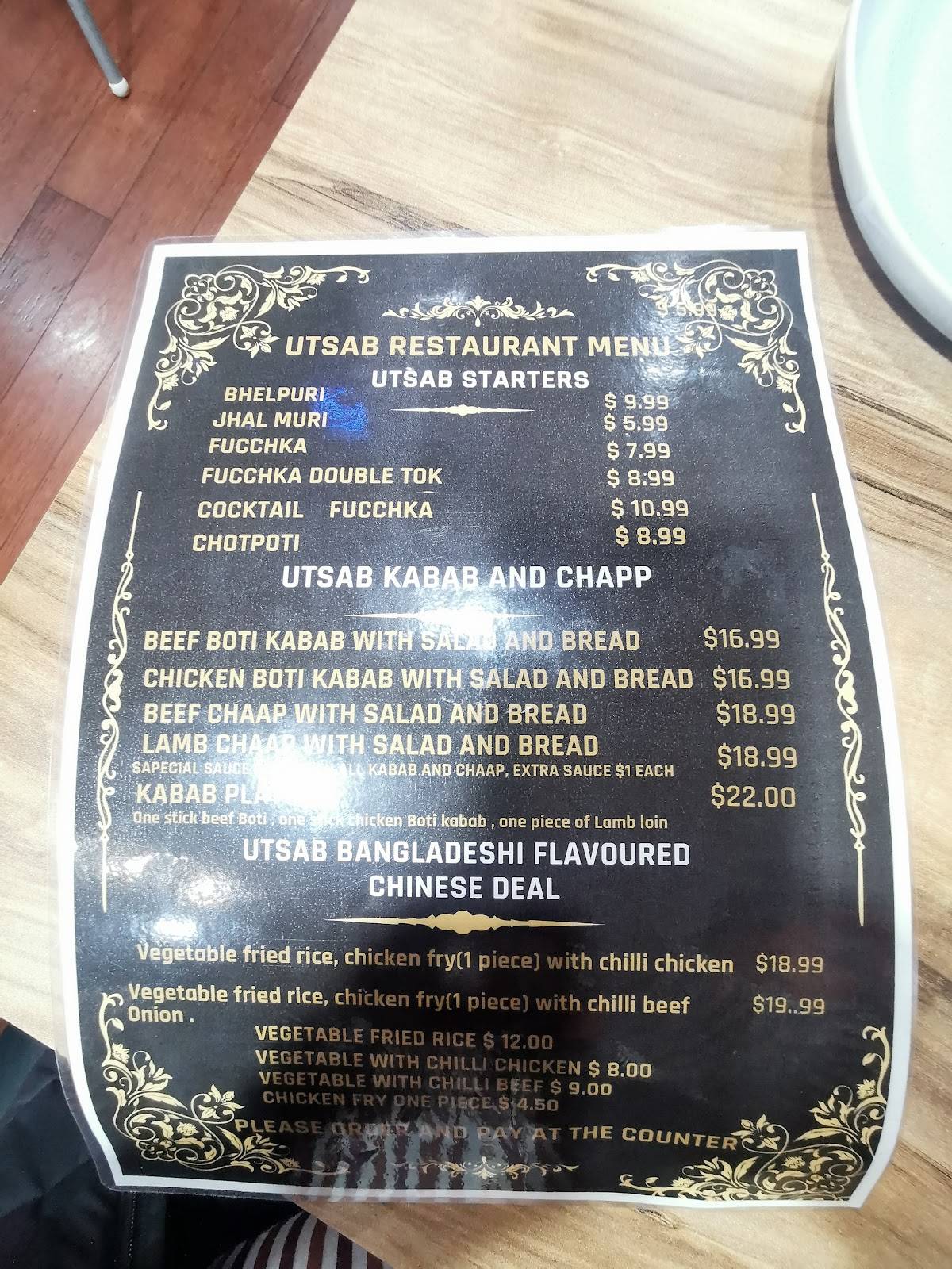 Menu at Utsab Restaurant, Minto