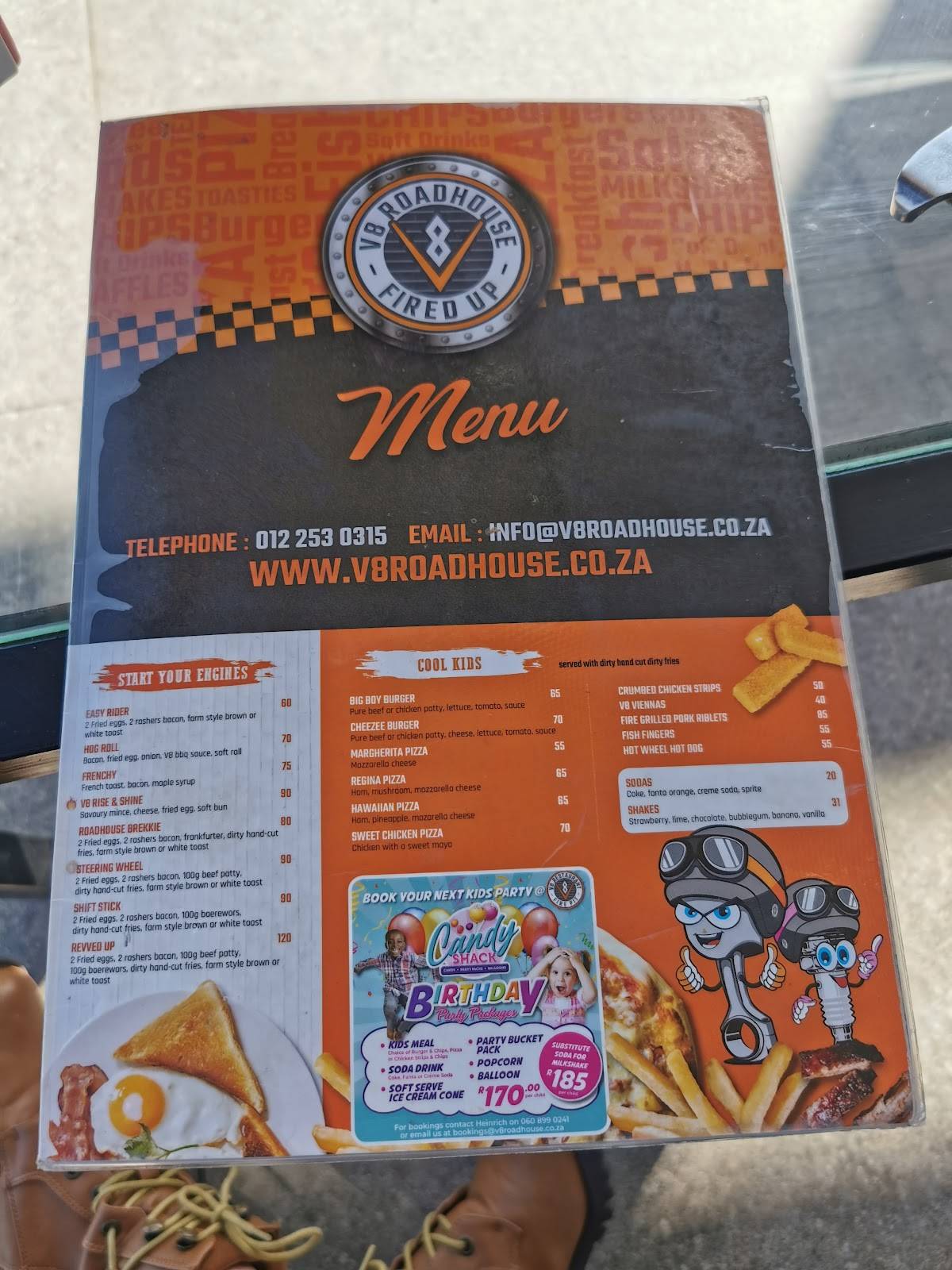 Menu at V8 Lounge & Skybar, Hartbeespoort
