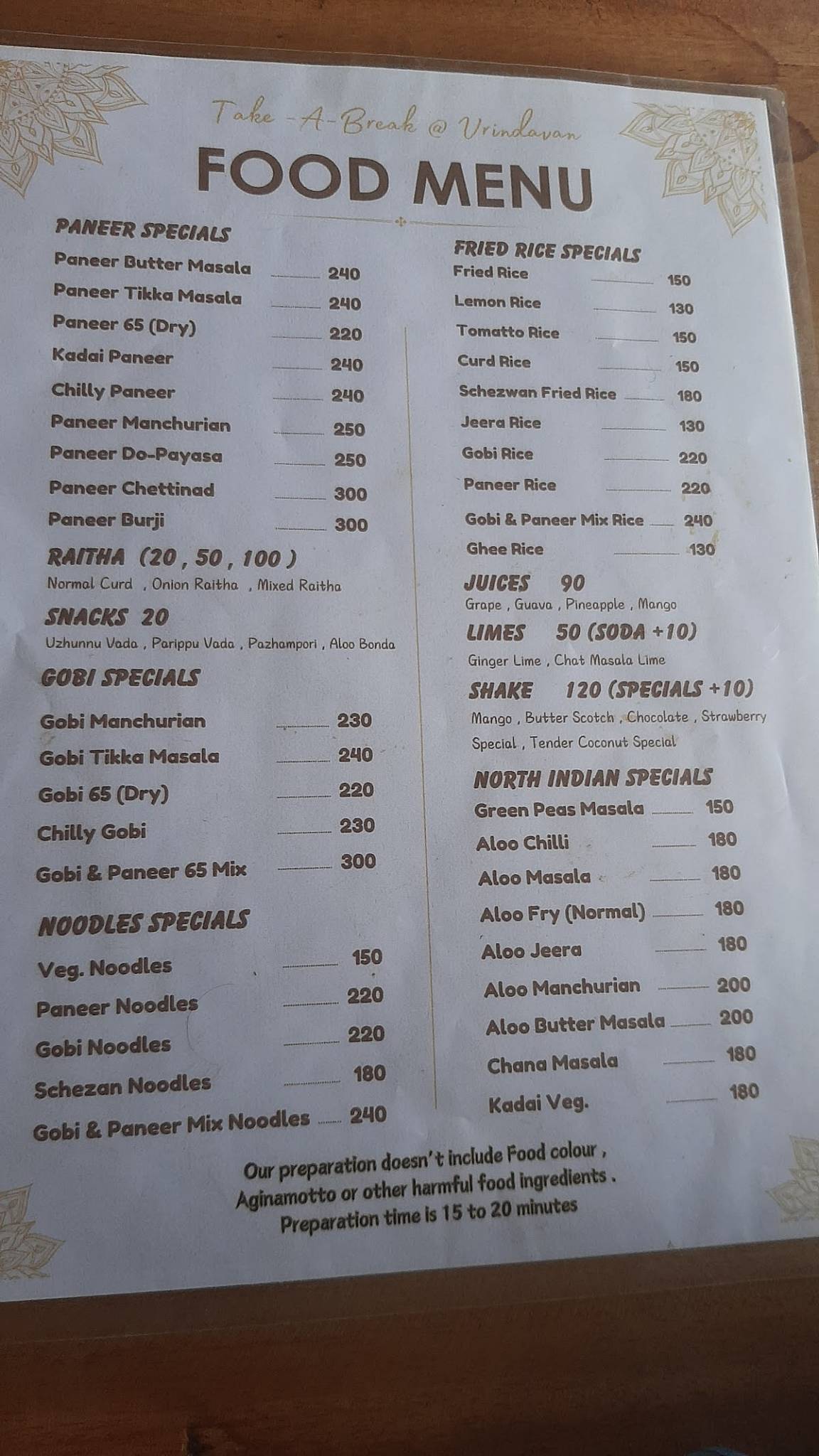 Menu at VRINDAVAN PURE VEG RESTAURANT, Haripad