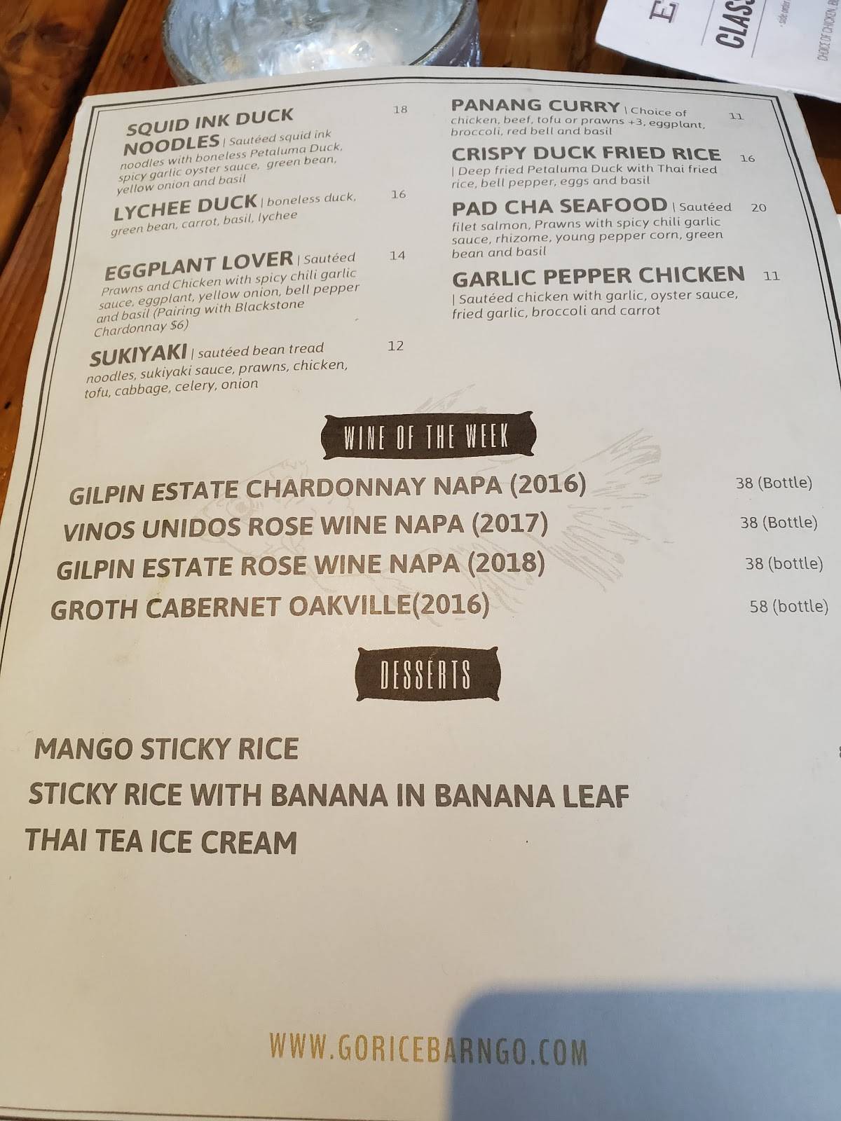 Menu at Rice Barn Thai Eatery and Wine Bar, Vacaville