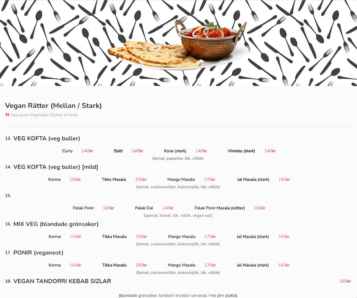 Menu at King of India restaurant, Växjö