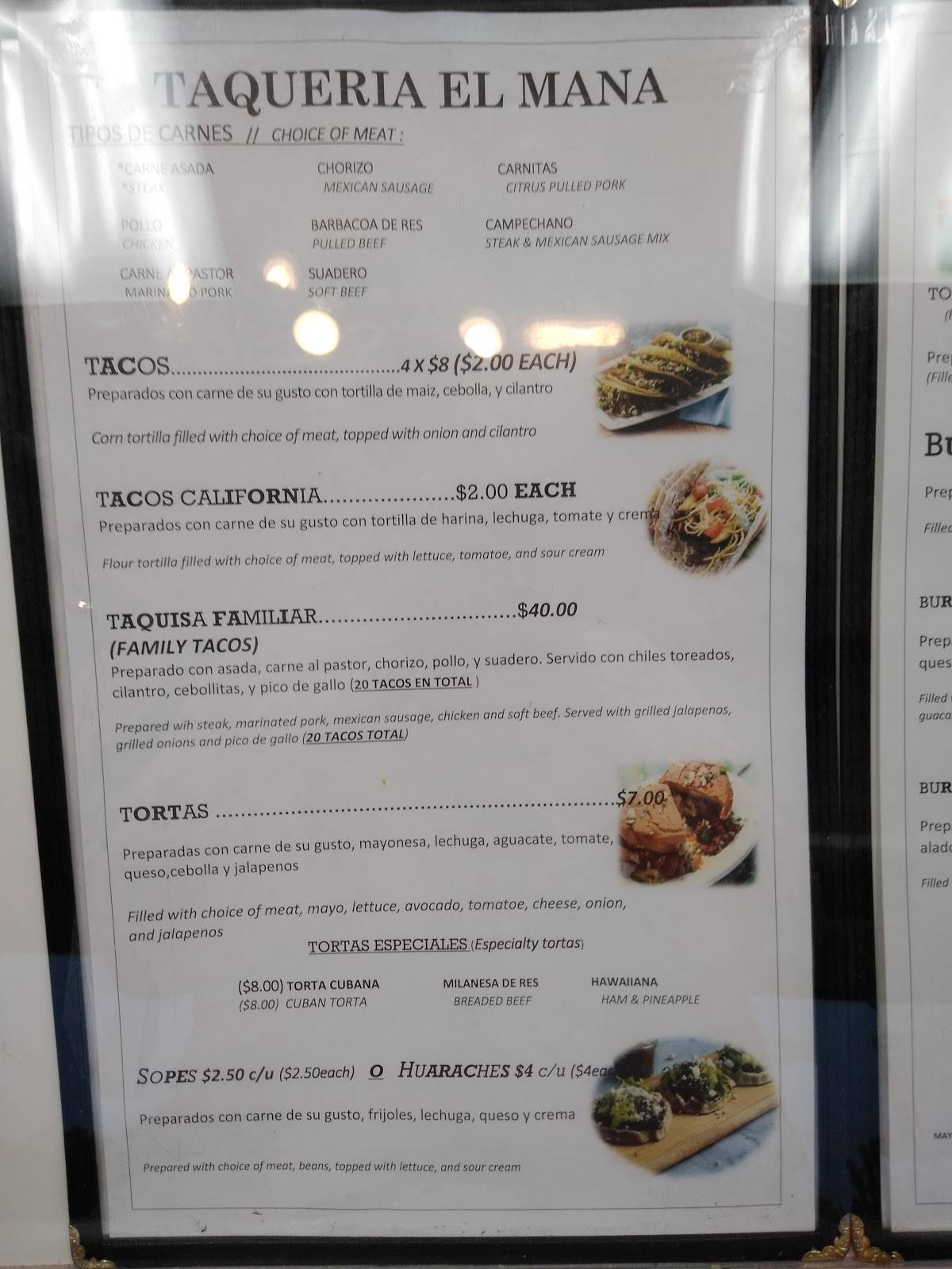Menu at Taqueria El Mana restaurant, Valdese