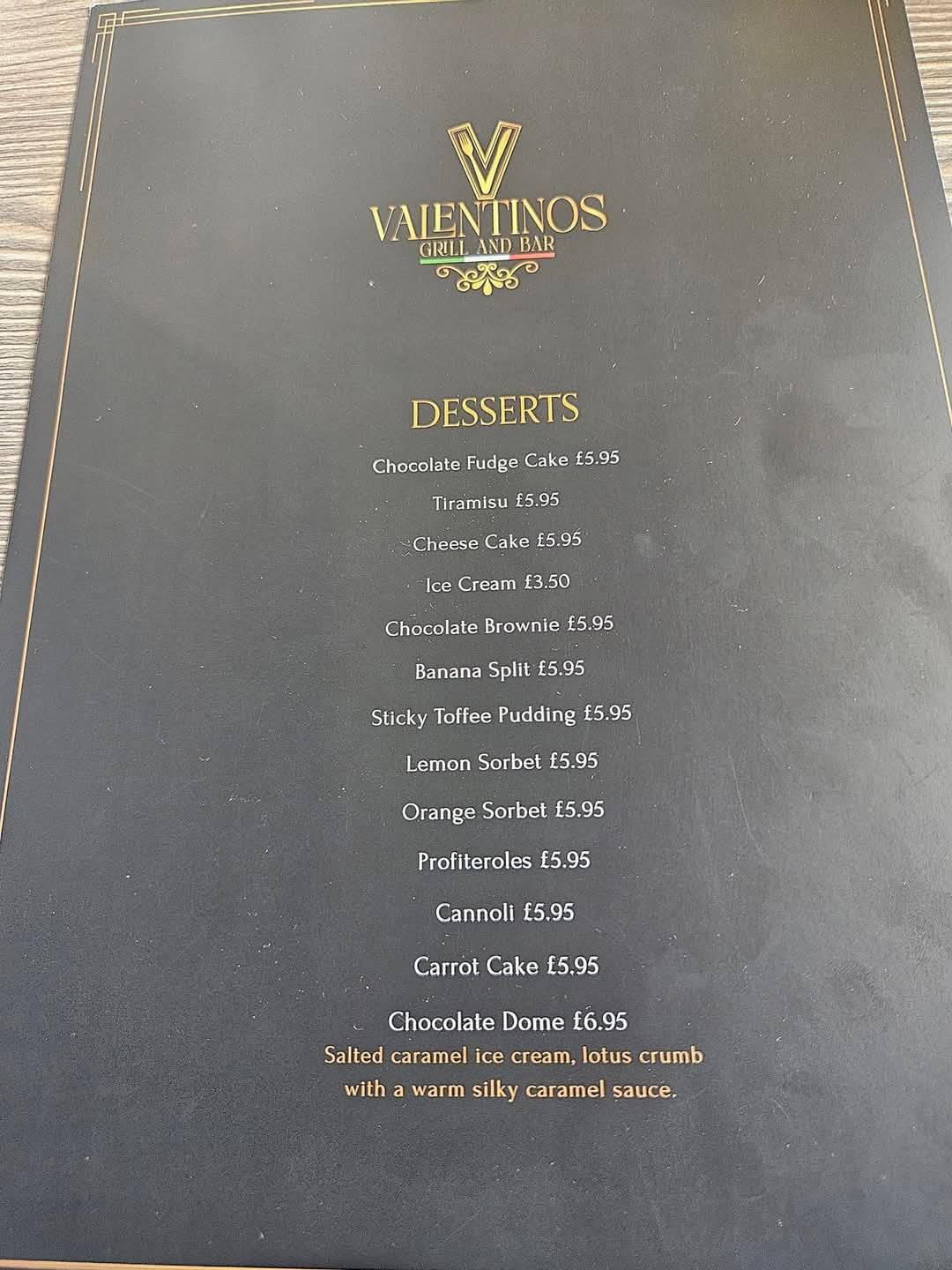 Menu at Valentino’s Italian restaurant bar & grill, Seaham