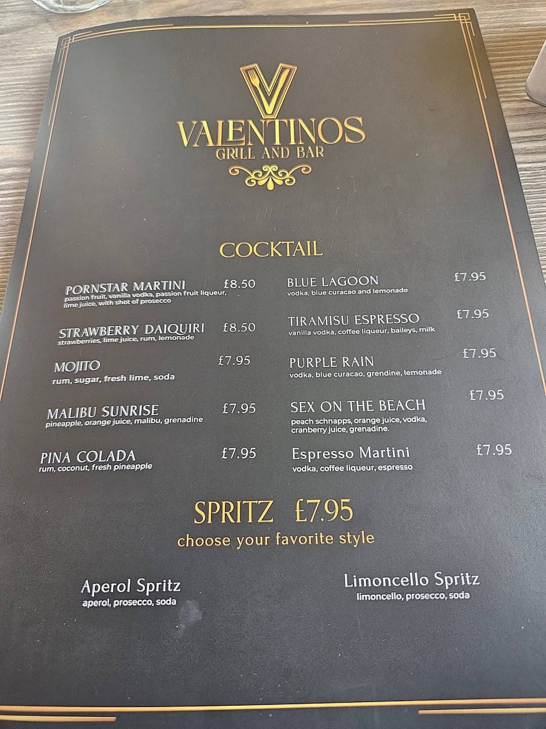 Menu at Valentino’s Italian restaurant bar & grill, Seaham