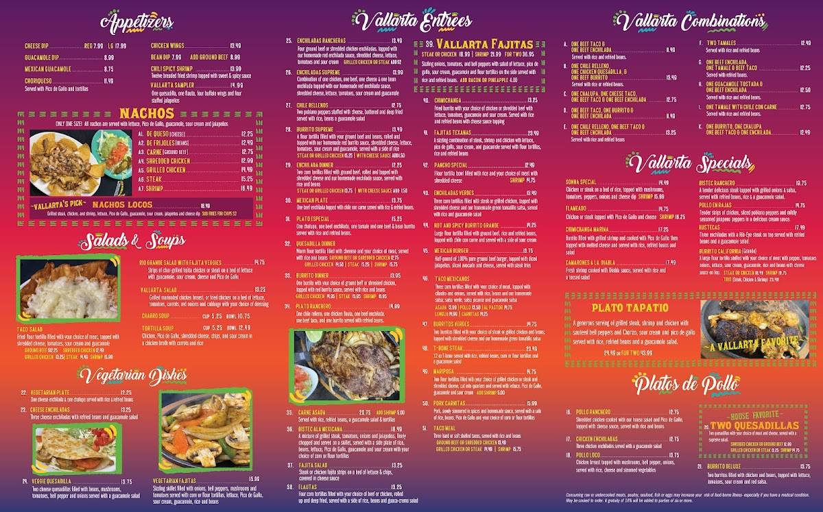 Menu at Vallarta Mexican Restaurant, Foley