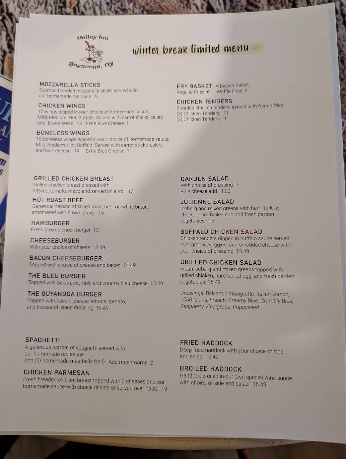 Menu at Valley Inn (Restaurant), Branchport, Guyanoga Rd
