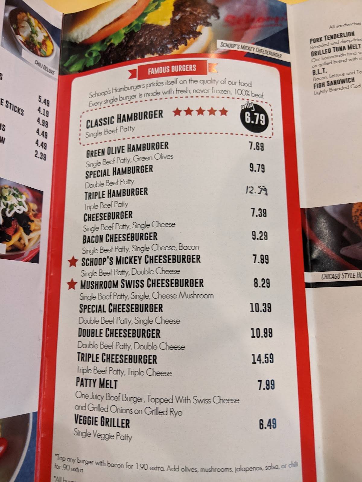 Menu at Schoop's Hamburgers restaurant, Valparaiso
