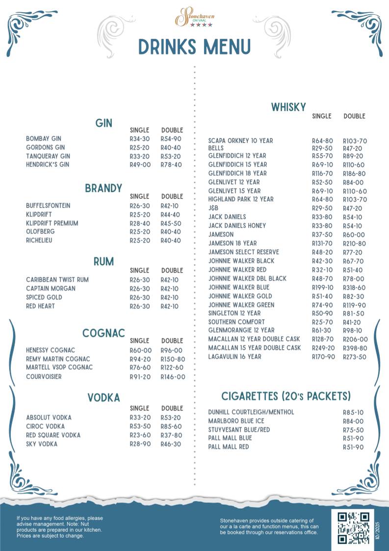 Menu at Stonehaven on Vaal restaurant, Vanderbijlpark