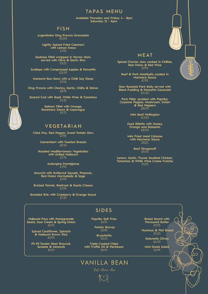Menu at Vanilla Bean cafe, Huddersfield
