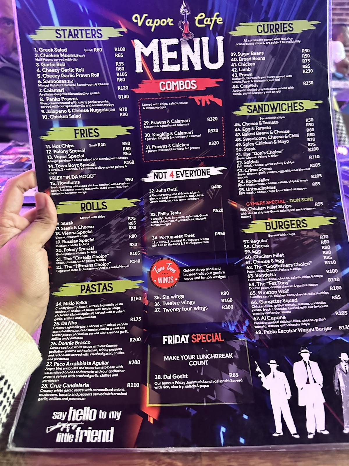Menu at Vapor Cafe, Durban