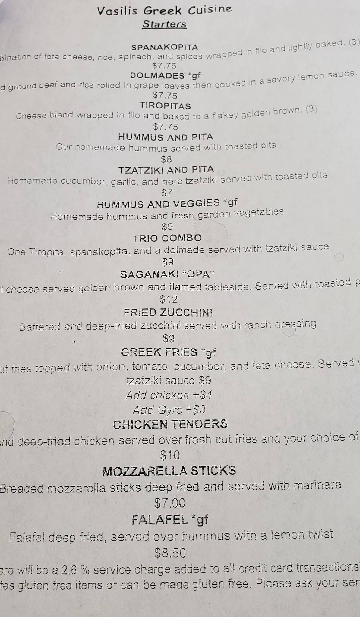 Menu at Vasili's Greek Cuisine restaurant, Akron