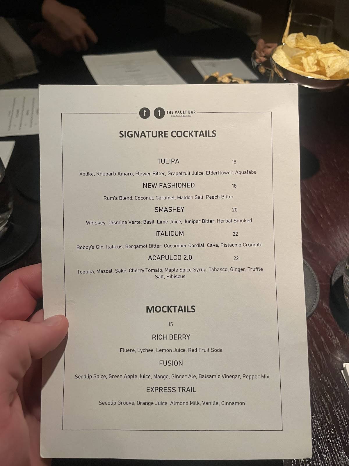 Menu at Vault Bar, Amsterdam