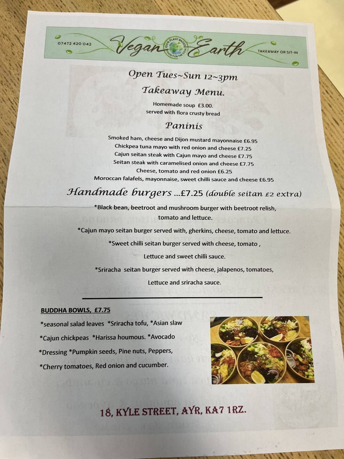 Menu at Vegan Earth restaurant, Ayr