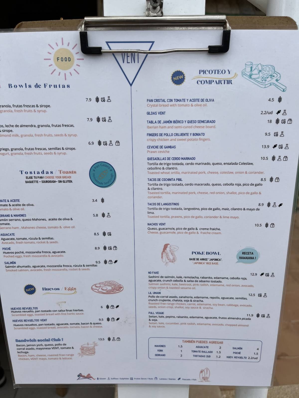 Menu at Vent Portixol pub & bar, Palma