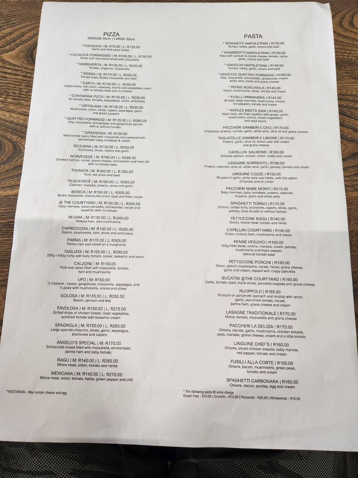 Menu at Vera Vita restaurant, Johannesburg South