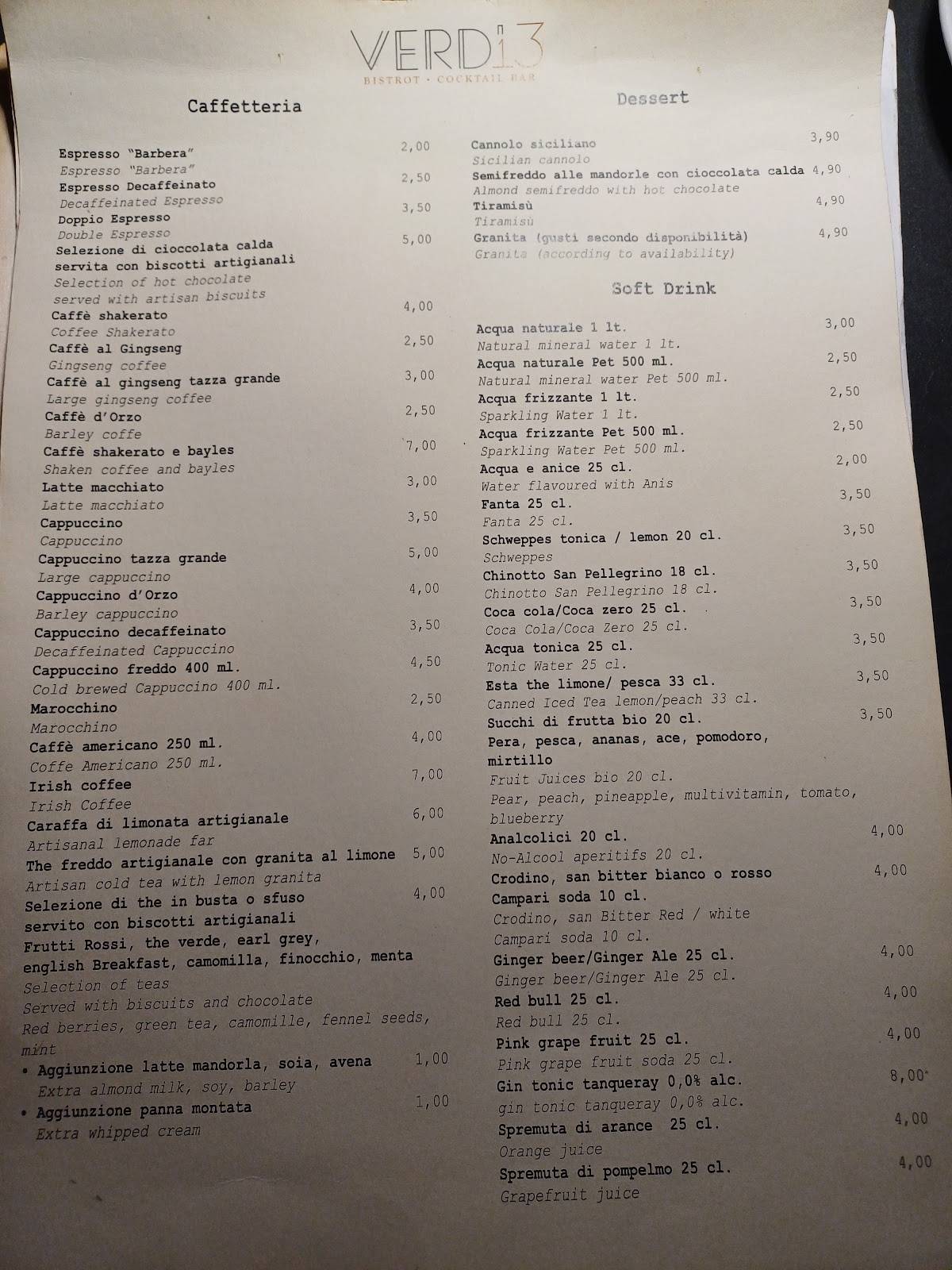 Menu da Verdi 13 pub & bar, Palermo