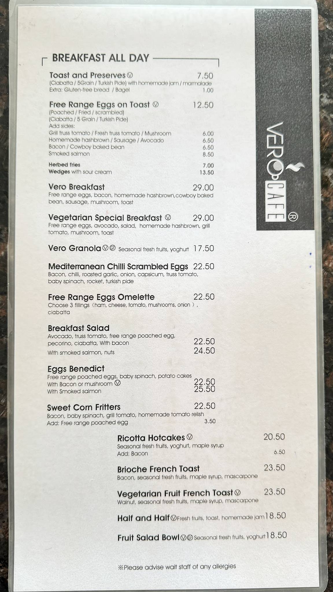 Menu at Vero Cafe, Auckland