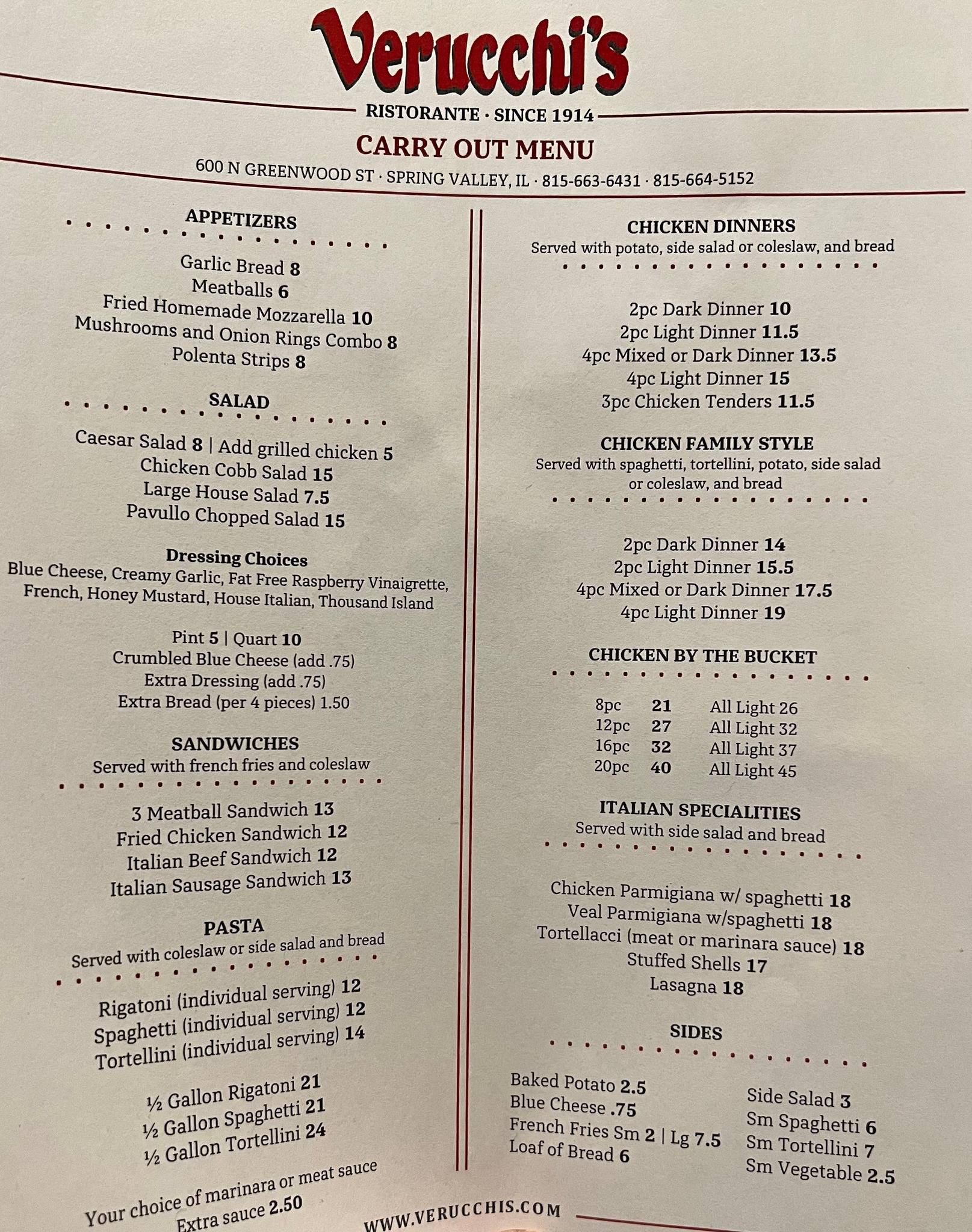 Menu at Verucchi's Ristorante restaurant, Spring Valley