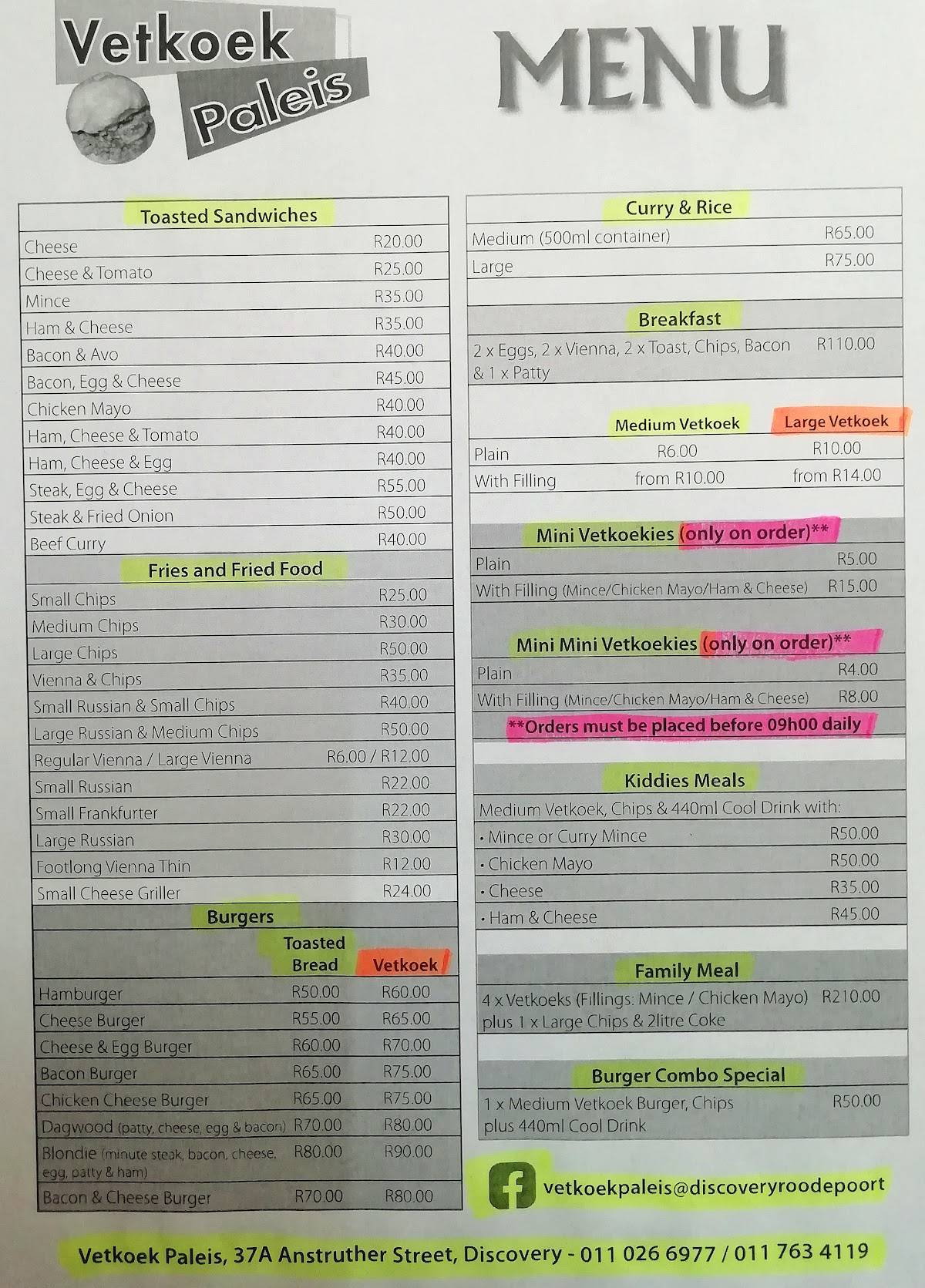 Menu at Vetkoek Paleis restaurant, Roodepoort, 37A Anstruther St