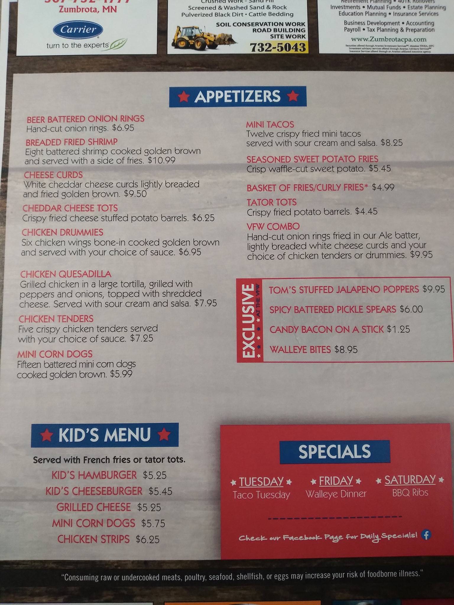 Menu at Vfw Hall pub & bar, Zumbrota