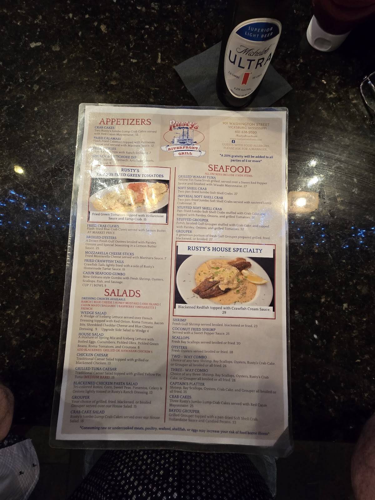 Menu at Rusty's Riverfront Grill restaurant, Vicksburg