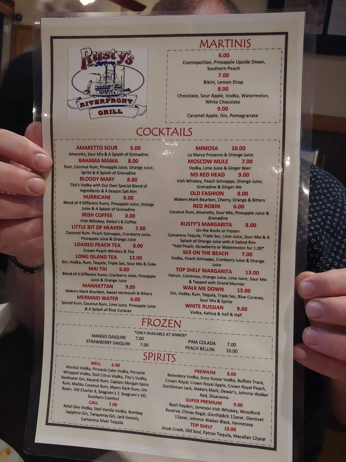Menu at Rusty's Riverfront Grill restaurant, Vicksburg
