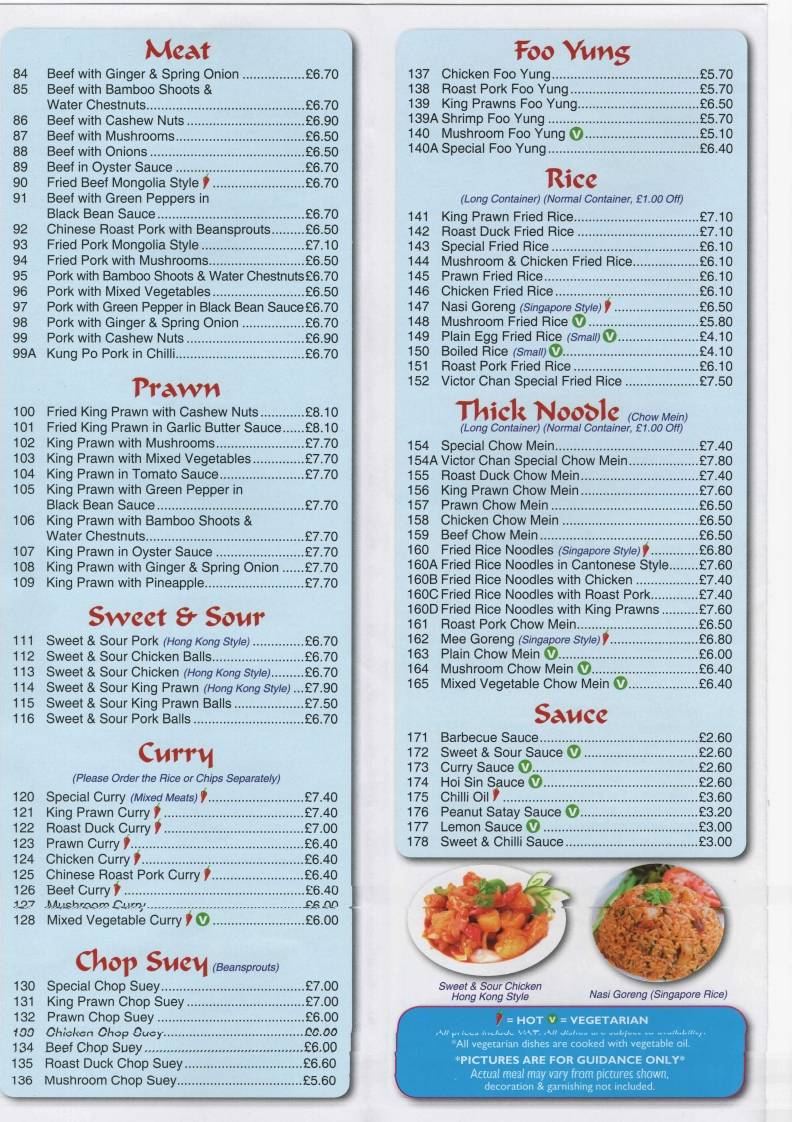 Menu at Victor Chan Oriental Cuisine restaurant, Saint Neots