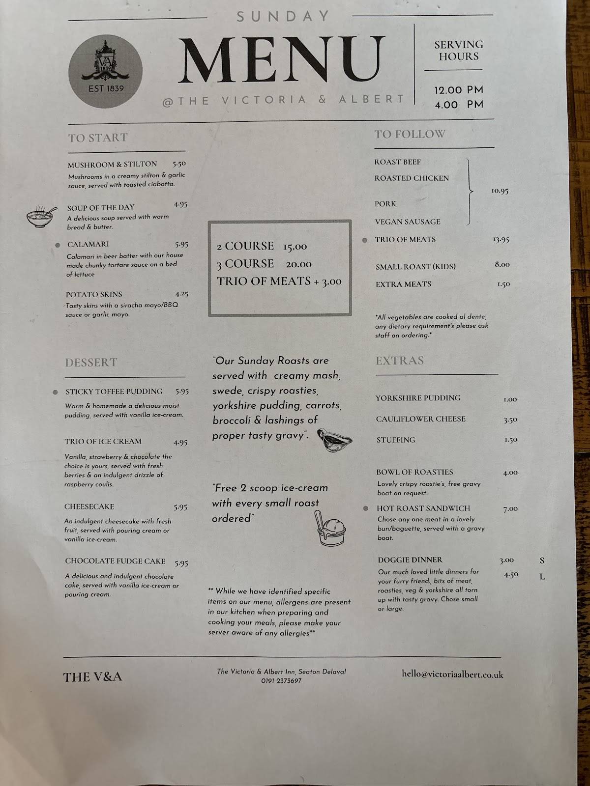 Menu at Victoria & Albert Inn pub & bar, Seaton Delaval