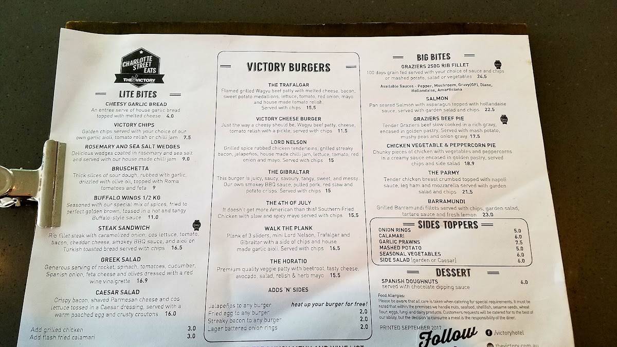 Menu at Victory Hotel pub & bar, Brisbane City
