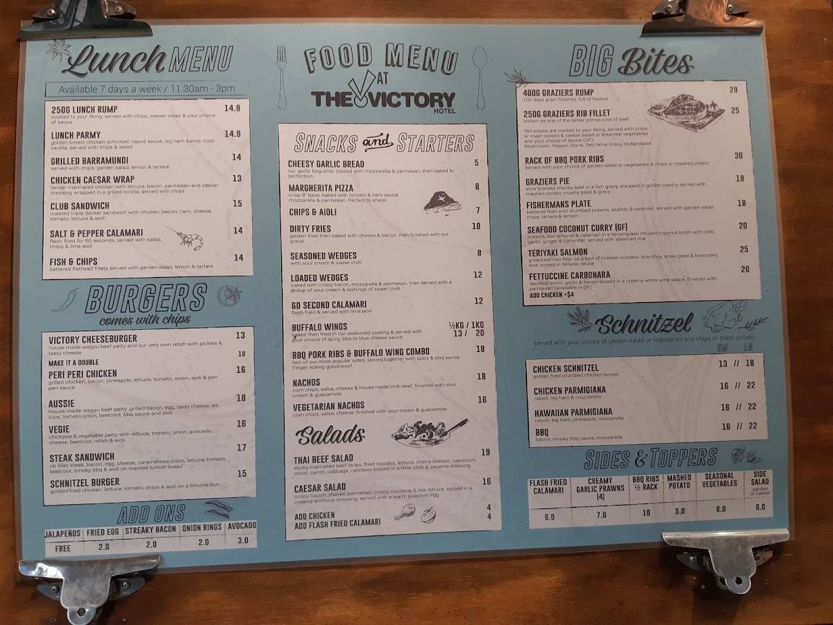 Menu at Victory Hotel pub & bar, Brisbane City