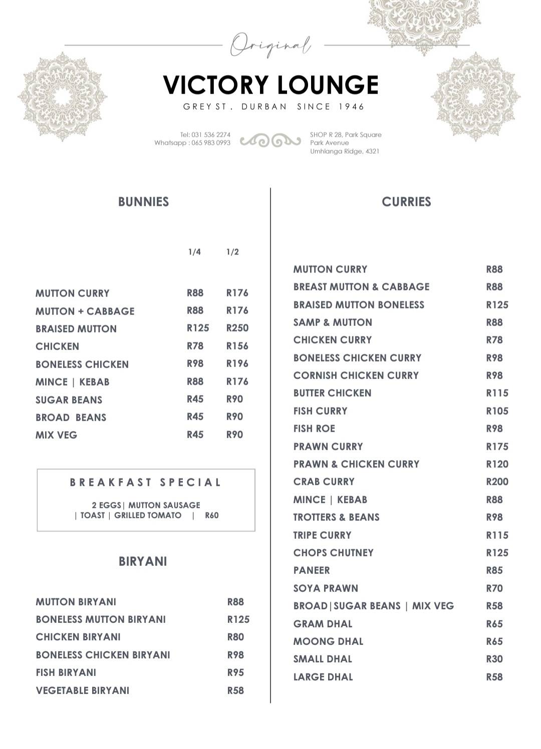 Menu at Victory Lounge restaurant, Umhlanga, Shop 28