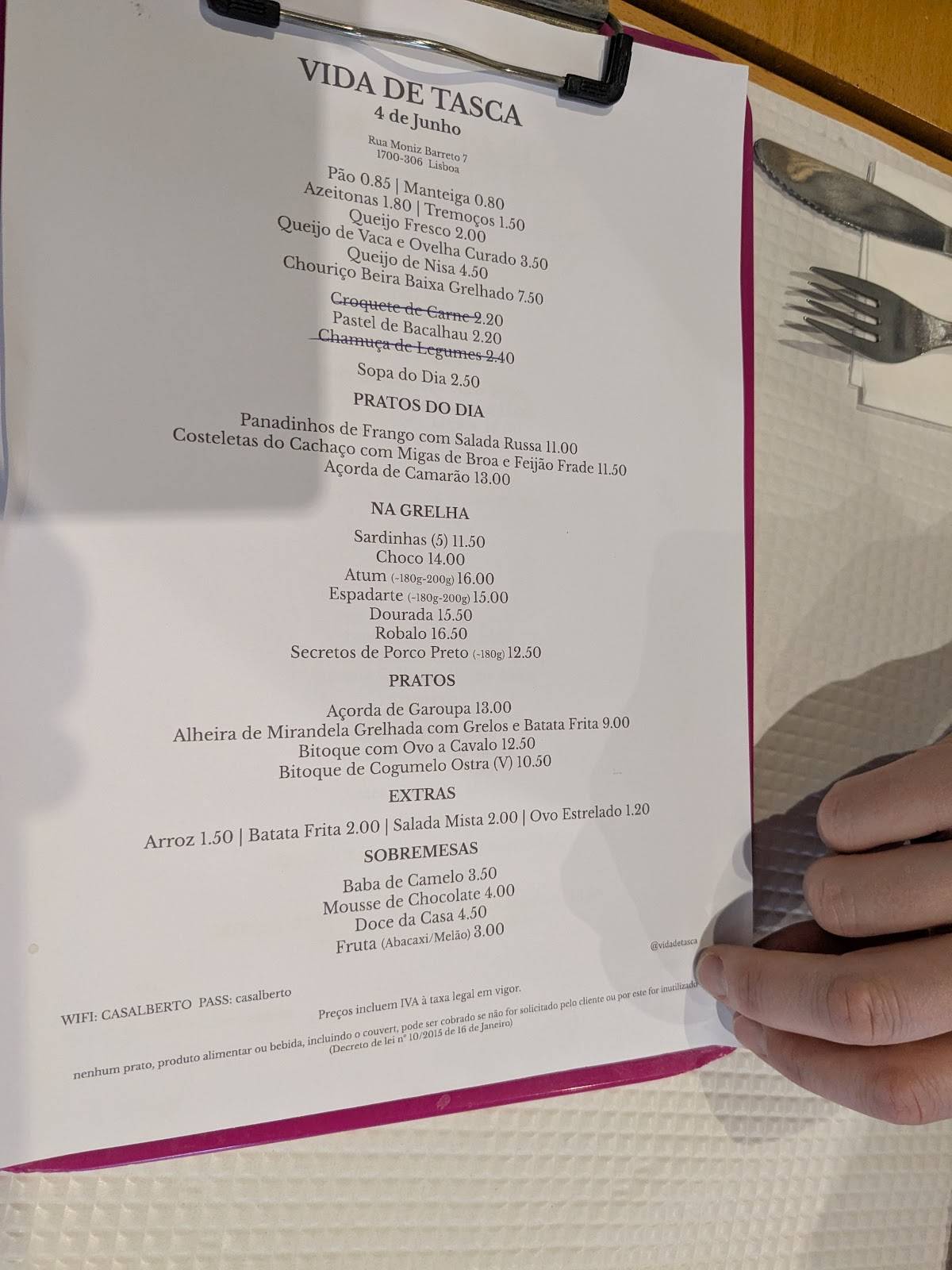 Menu em Vida de Tasca restaurante, Lisboa, R. Moniz Barreto 7