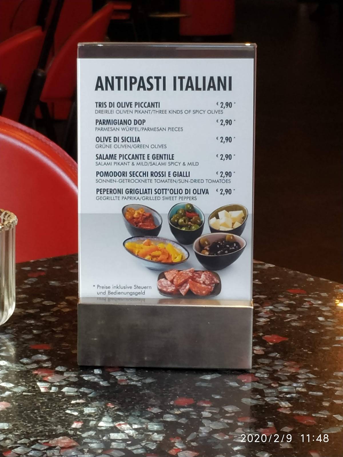 Menu at Segafredo. cafe, Vienna, Graben 29