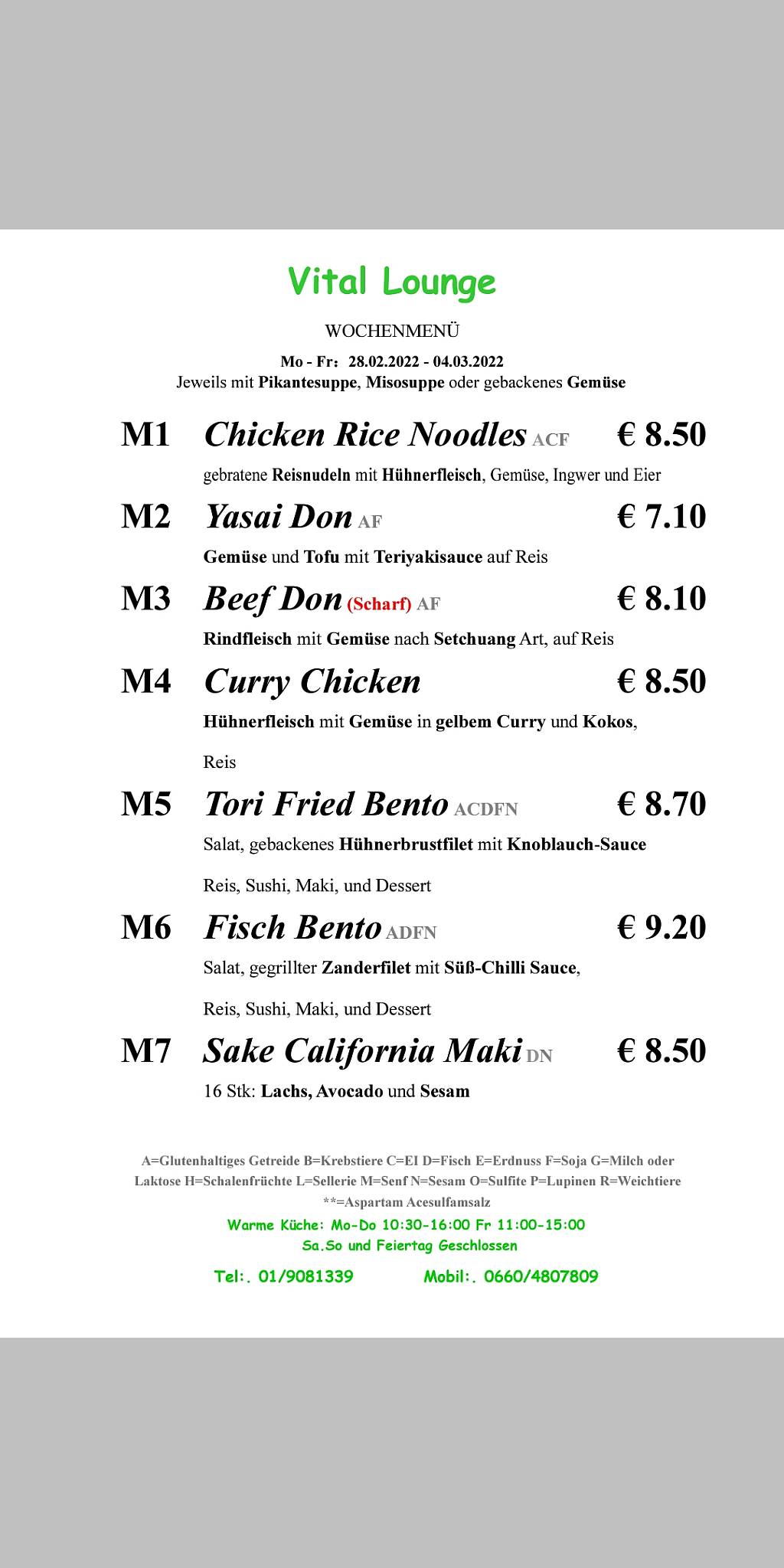 Speisekarte von Vital Lounge restaurant, Wien, Donau-City-Straße 11-13