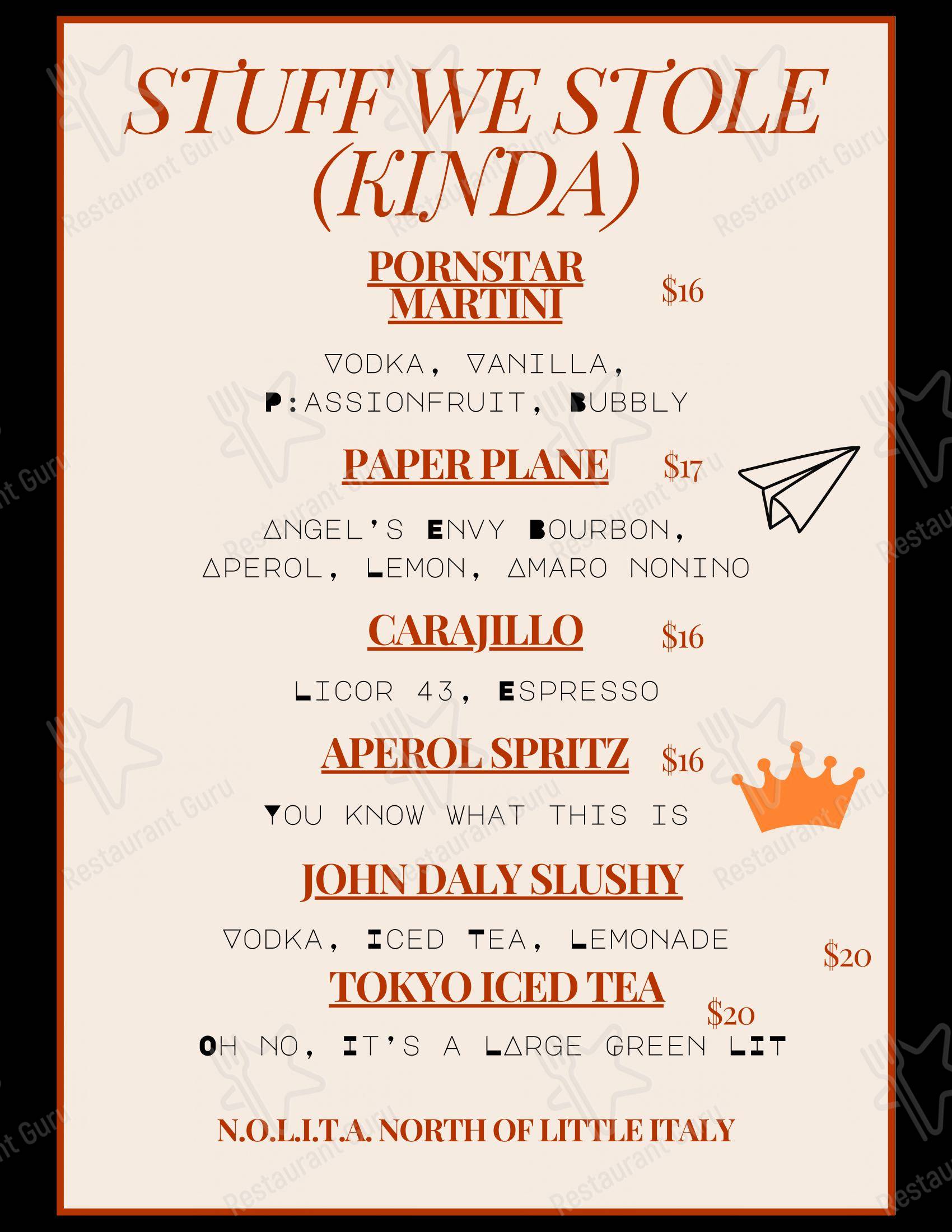Menu at Vig Bar, New York City