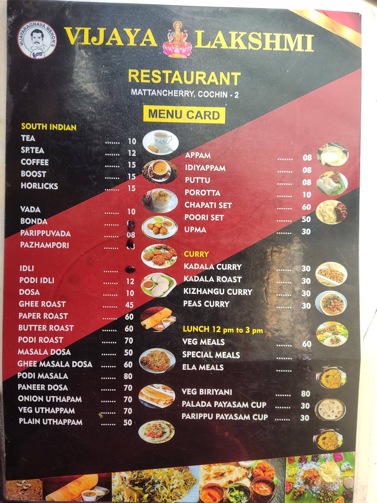 Menu at Vijaya Lakshmi Bhavan, Kochi