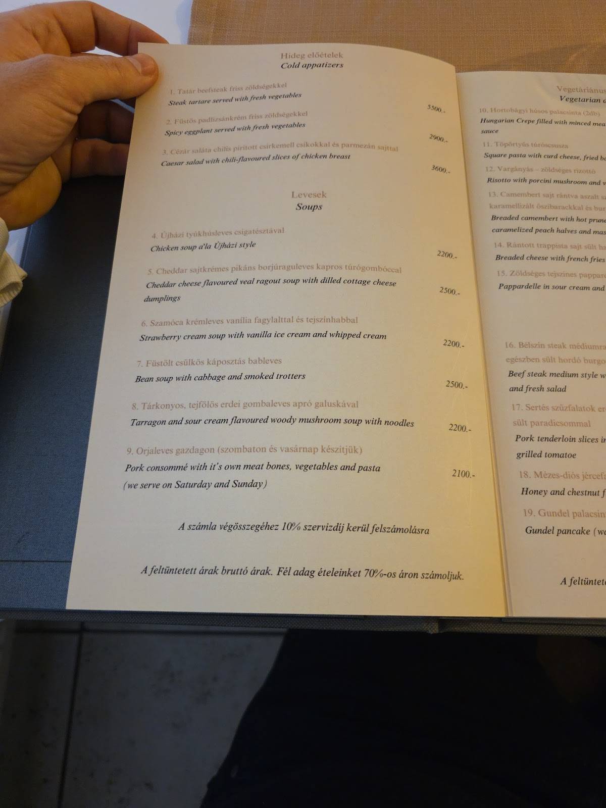 Menu at Viktória Étterem restaurant, Debrecen