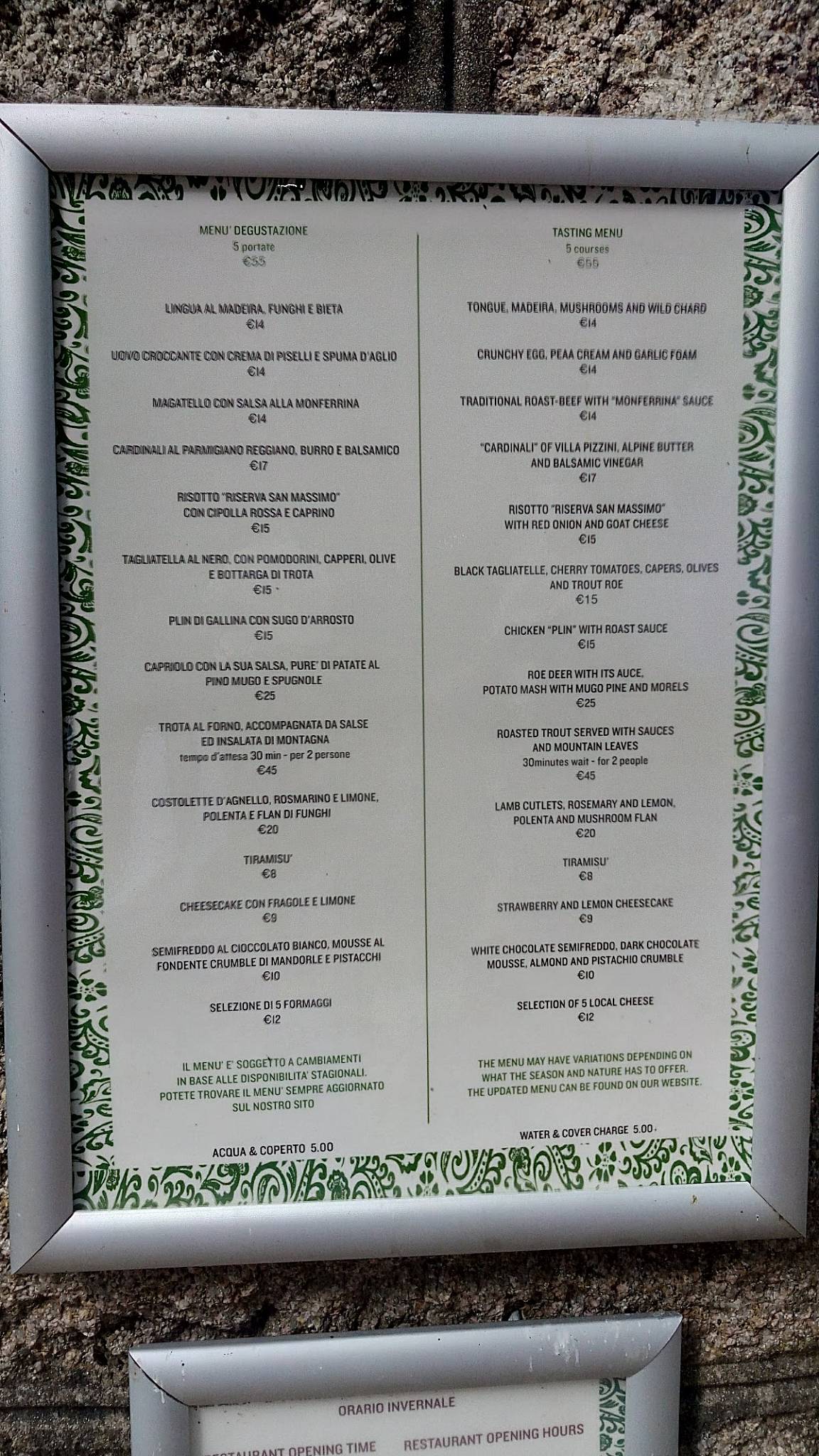 Speisekarte von Villa Pizzini restaurant, Mottarone
