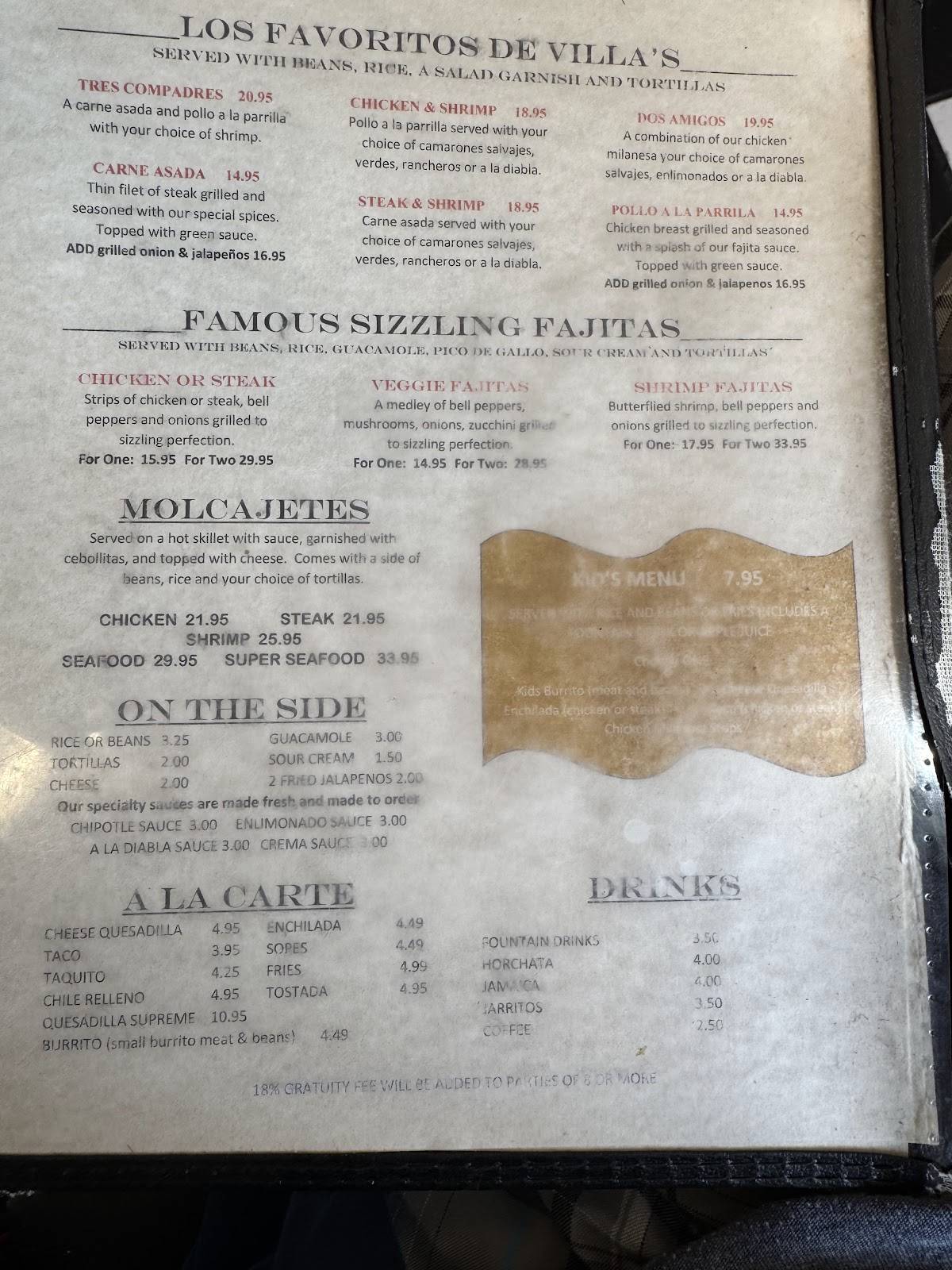 Menu at Villa's Mexican Grill restaurant, Livingston
