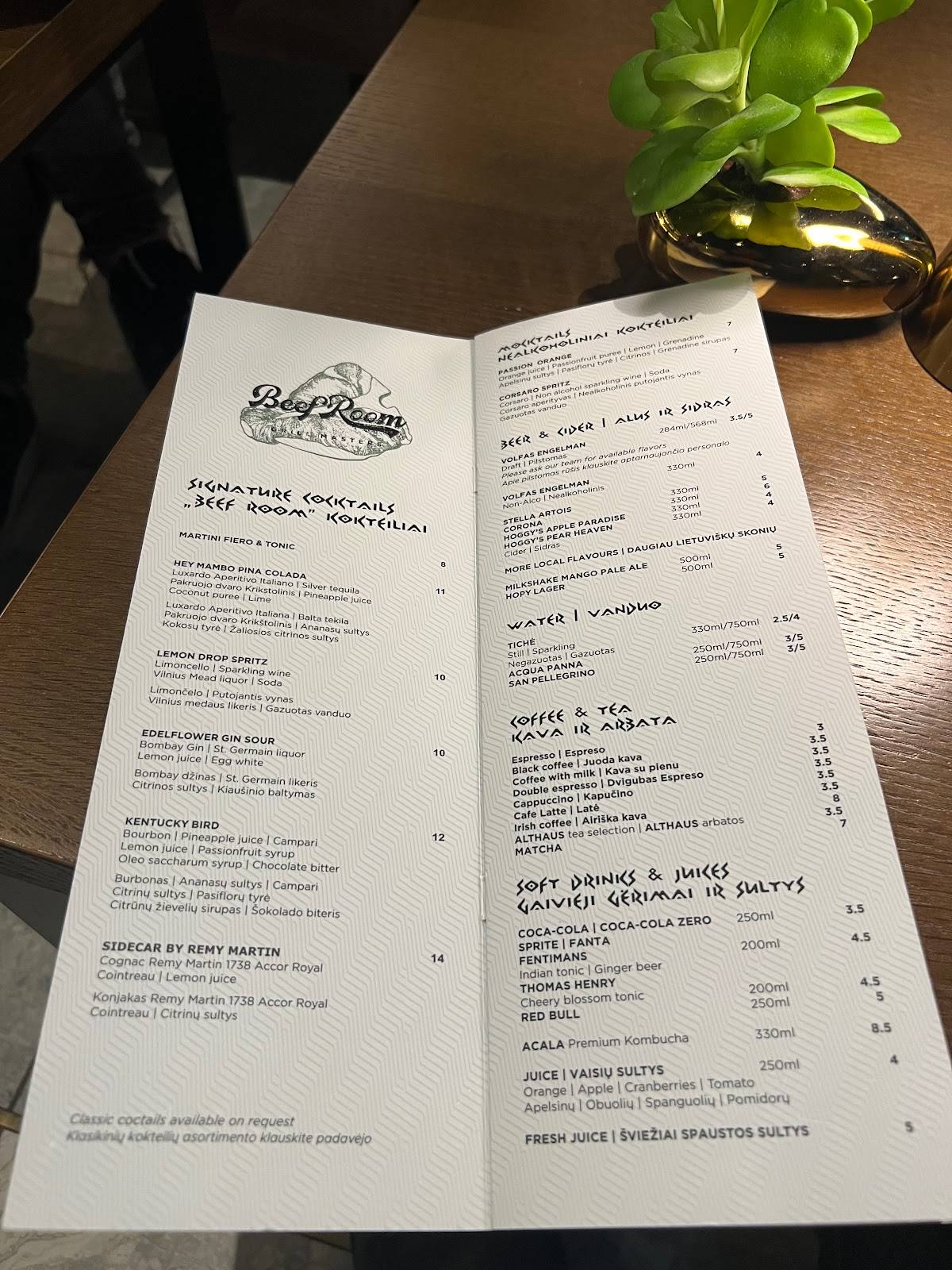 Menu at Beef Room restaurant, Vilnius