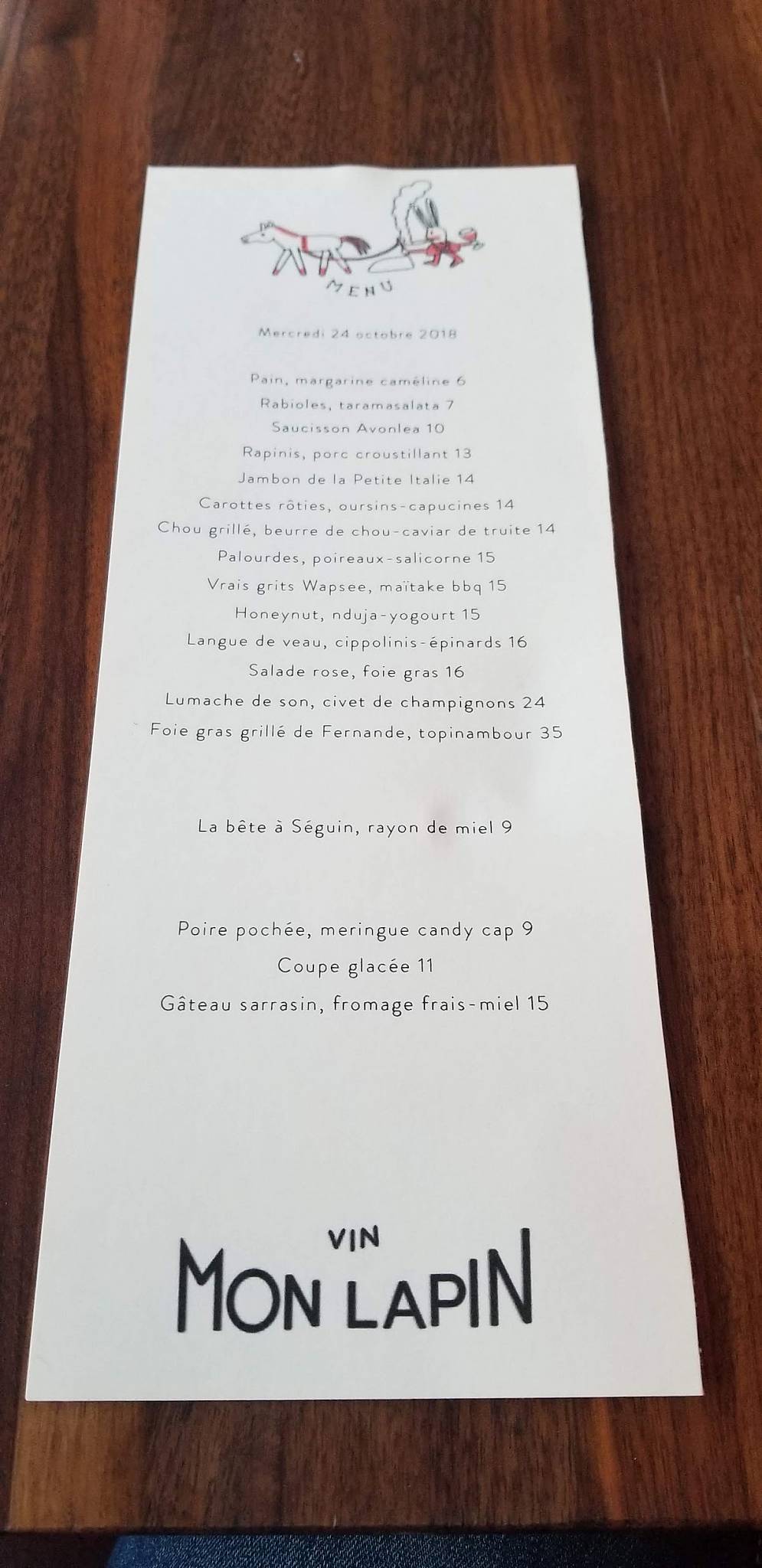 Menu au Mon Lapin pub et bar, Montréal