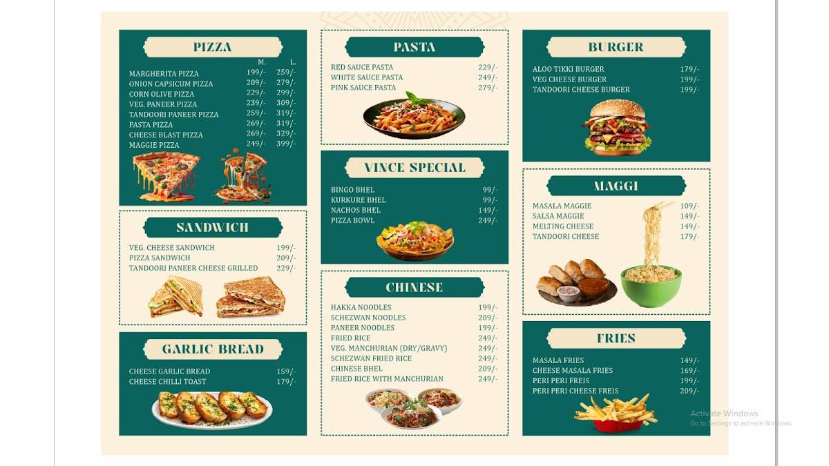 Menu at Vince cafe, Jodhpur