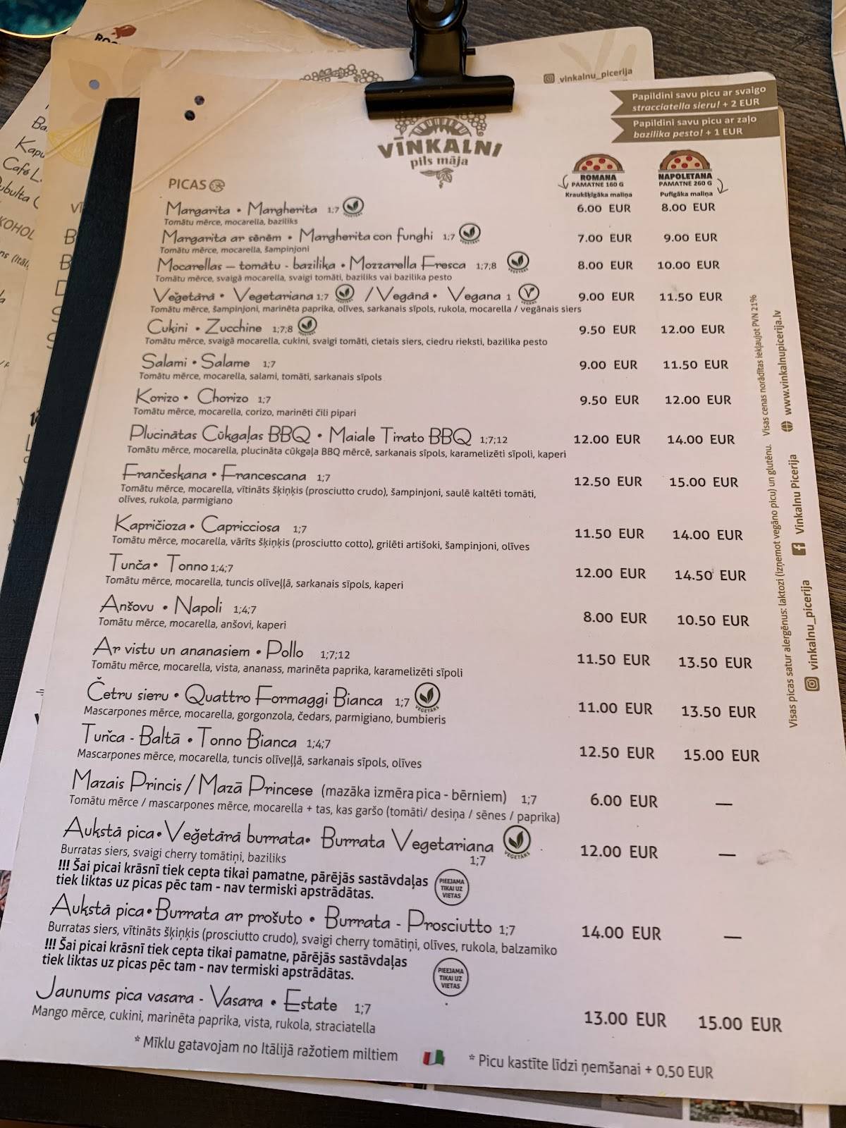 Menu at Vīnkalni Pils māja restaurant, Valmiera