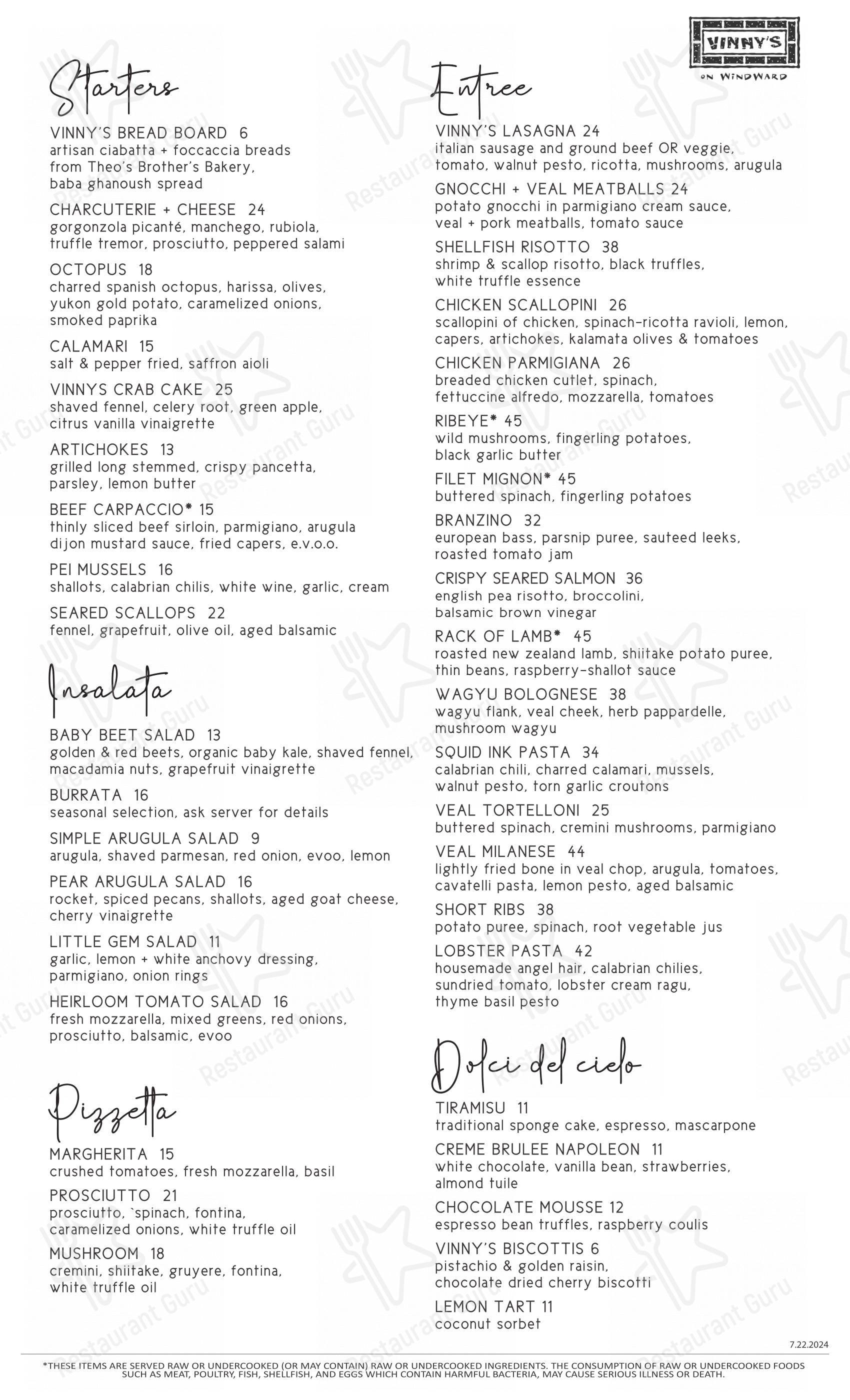 Menu at Vinny's on Windward restaurant, Alpharetta