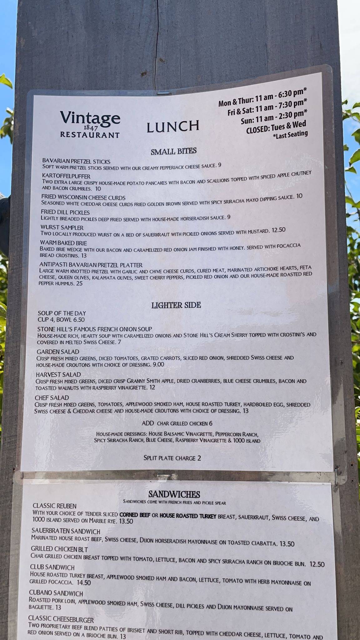 Menu at Vintage 1847 Restaurant, Hermann
