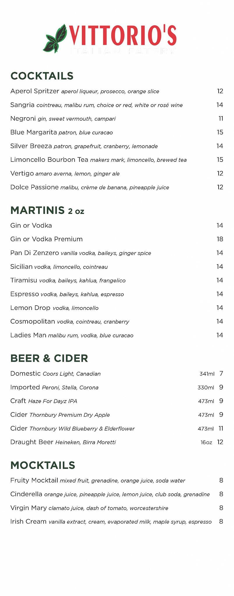 Menu at Vittorio's Italian Eatery restaurant, Niagara Falls