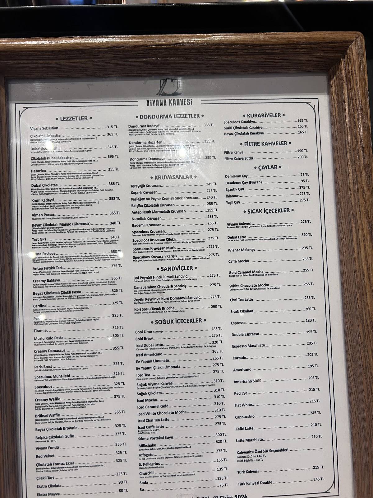 Menu at Viyana Kahvesi, Istanbul, Büyük Hendek Cd. No:19/A